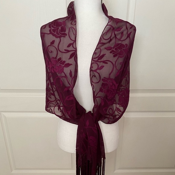 Accessories | Gorgeous Wine Floral Burnout Wrap Scarf W Tassels Evening ...